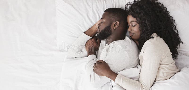 Romantic Black Couple Hugging while Sleeping in Bed Stock Photo - Image ...