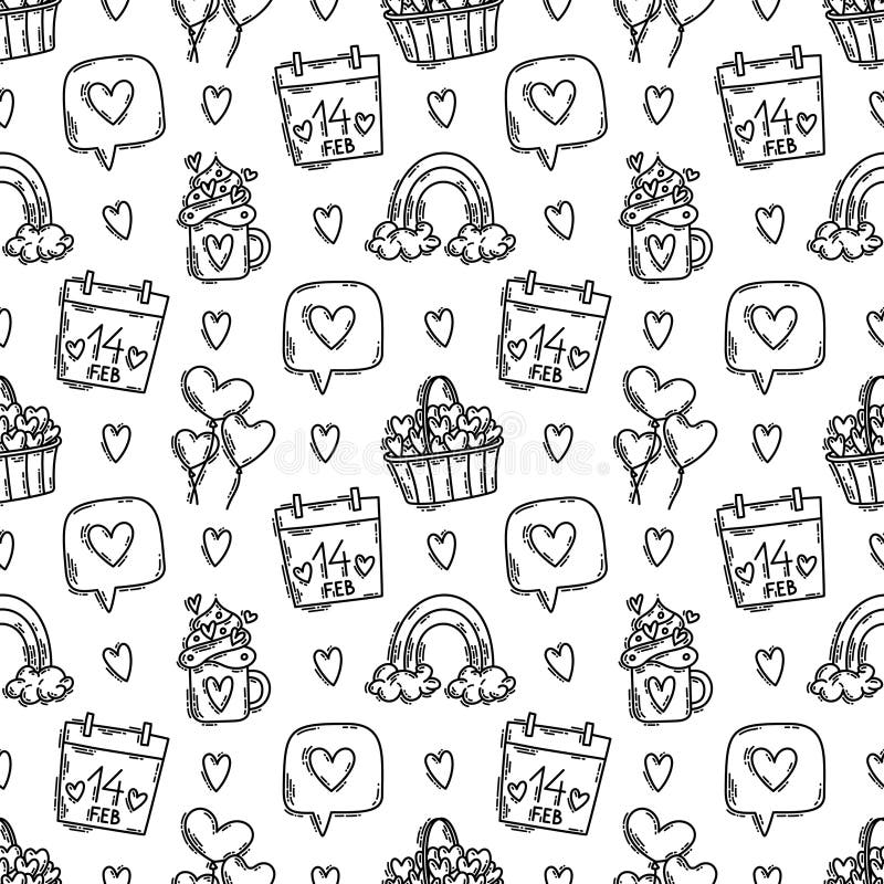 The Love Theme Doodle Style Seamless Pattern In Black And White Stock