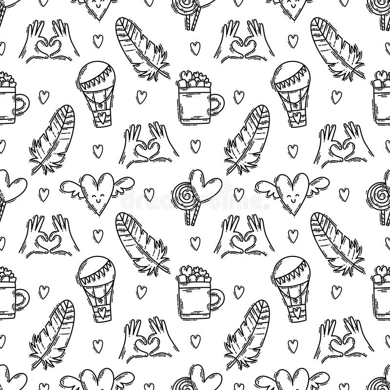 The Love Theme Doodle Style Seamless Pattern In Black And White Stock