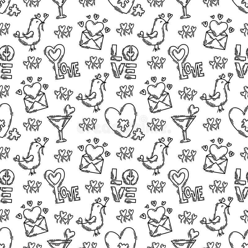 The Love Theme Doodle Style Seamless Pattern In Black And White Stock