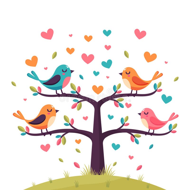 Love Tree with Birds Flat Illustration Isolated on White Background ...