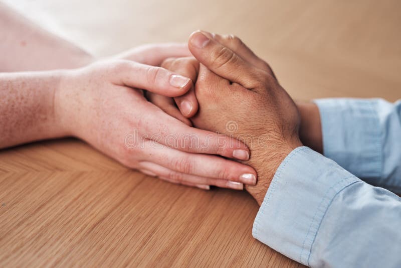 Love, Trust and People Holding Hands on Table for Marriage, Compassion ...