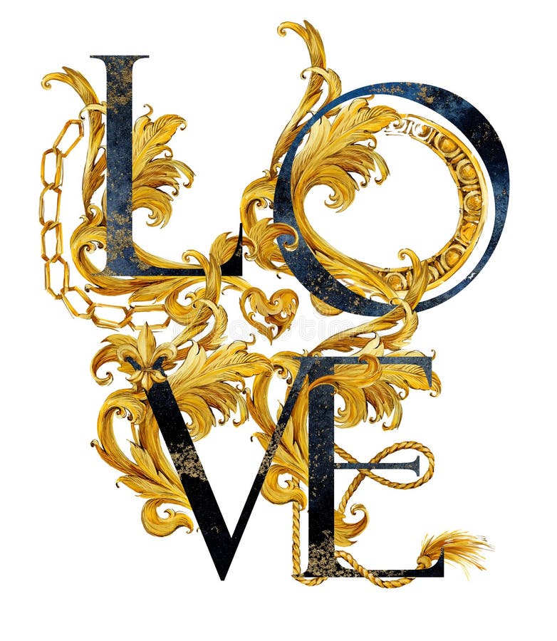 Love. Vintage Gold Damask Curl Script. Love Text. Stock Illustration ...