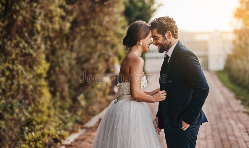Love Wedding And Couple With Smile In Garden For Marriage Ceremony