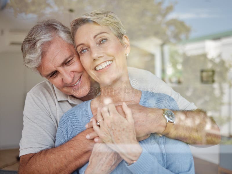 Love Window And Senior Couple Hug Happy And Bonding Together For
