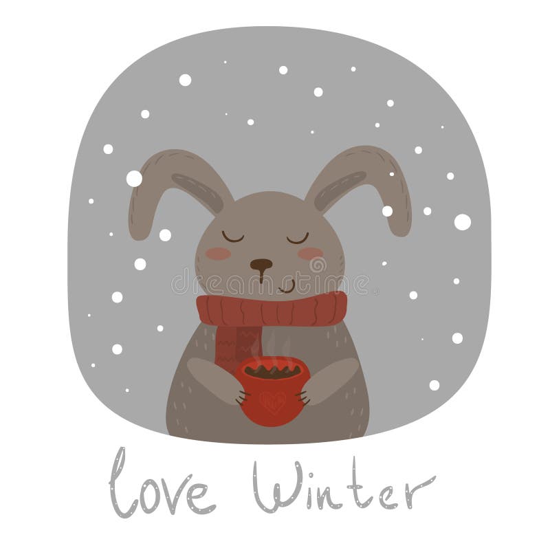 Love Winter Card with Rabbit and Cup Stock Illustration - Illustration ...