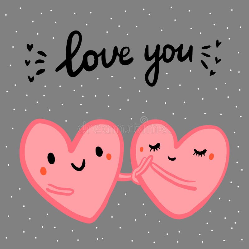 Love You Hand Drawn Illustration For Postcard With Couple Of Hearts