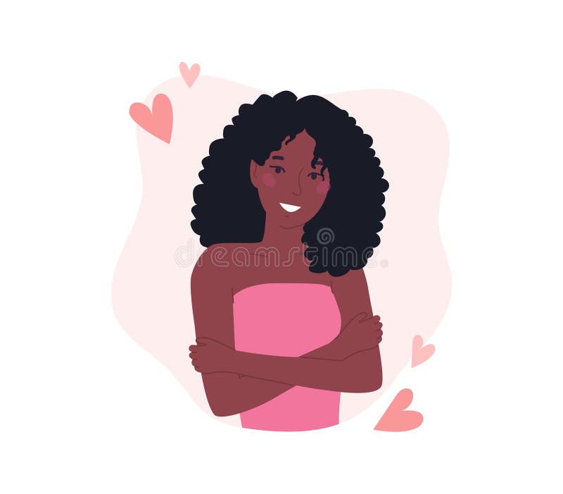 Love Yourself Concept With Cute Black Woman Hugging Herself Stock