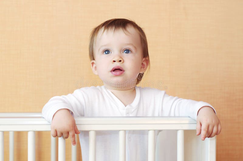 Lovely Baby in White Bed at Home Stock Image - Image of amusing, happy ...