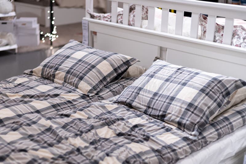 Checkered Bedding in Interior of Bedroom Stock Photo - Image of bedding ...