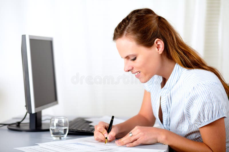 Lovely Blonde Lady Writing at Workplace Stock Image - Image of ...