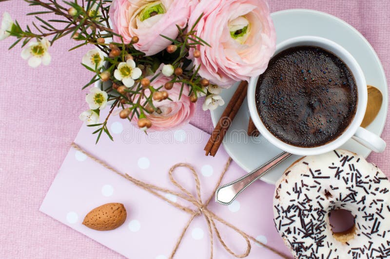 Lovely Breakfast in Pink Colors Stock Photo - Image of bakery, donuts ...