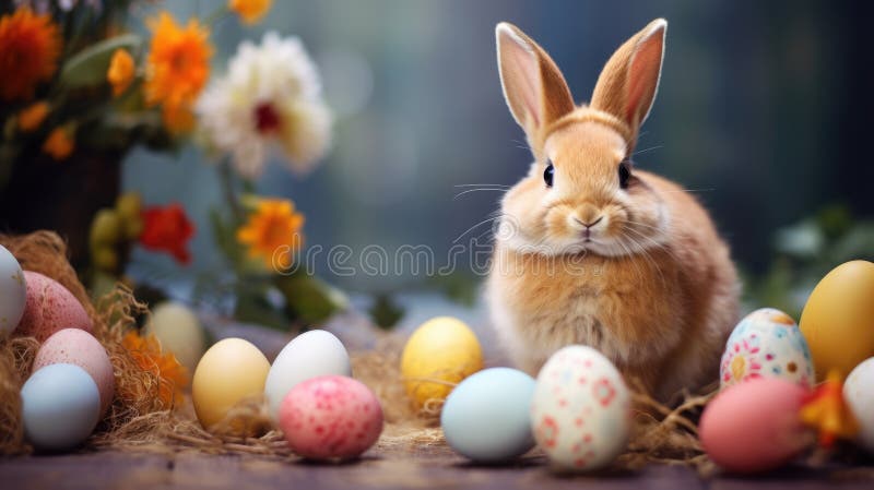 Lovely Bunny Easter Baby Rabbit with a Basket Full of Colorful Easter ...
