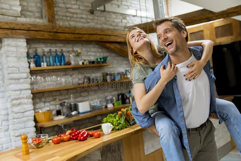Lovely Couple Having Fun Together at Rustic Kitchen Stock Image - Image ...