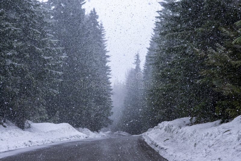Heavy Snow Fall during a Road Trip. Stock Image - Image of road ...