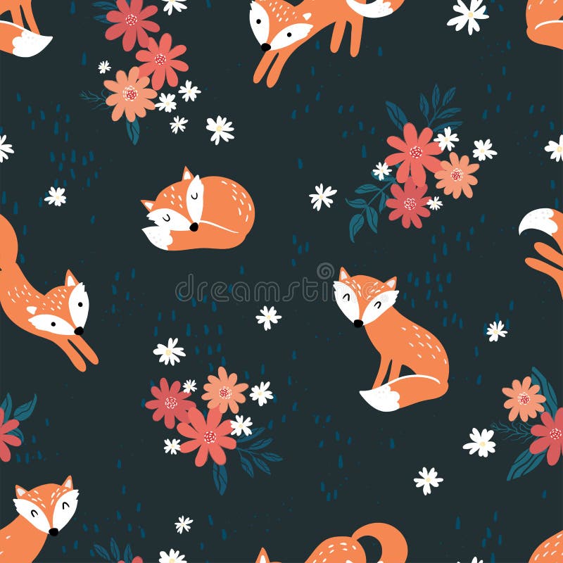 Lovely Doodle Fox Seamless Pattern, Cute Hand Drawn Background - Great ...