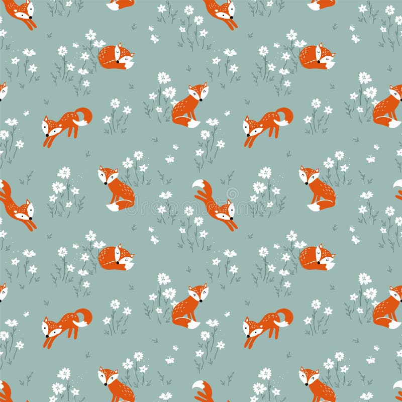 Lovely Doodle Fox Seamless Pattern, Cute Hand Drawn Background - Great ...