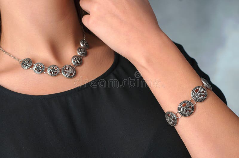 Lovely Female Model with Jewelry on Neck and Hands Stock Photo - Image ...