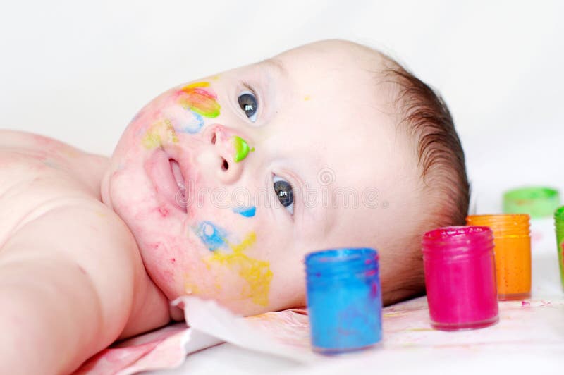 Lovely Four-months Baby with Multi-colored Paints Stock Photo - Image ...