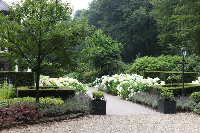 Lovely Garden with Blooming Plants and Paved Pathway. Landscape Design ...