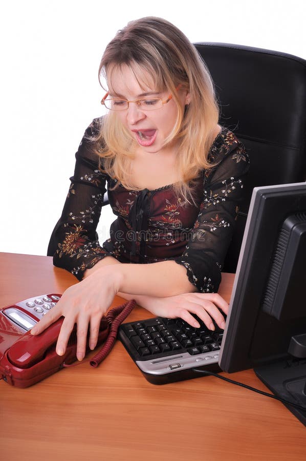 Lovely Girl with Phone in Office Tired of Work Stock Image - Image of ...