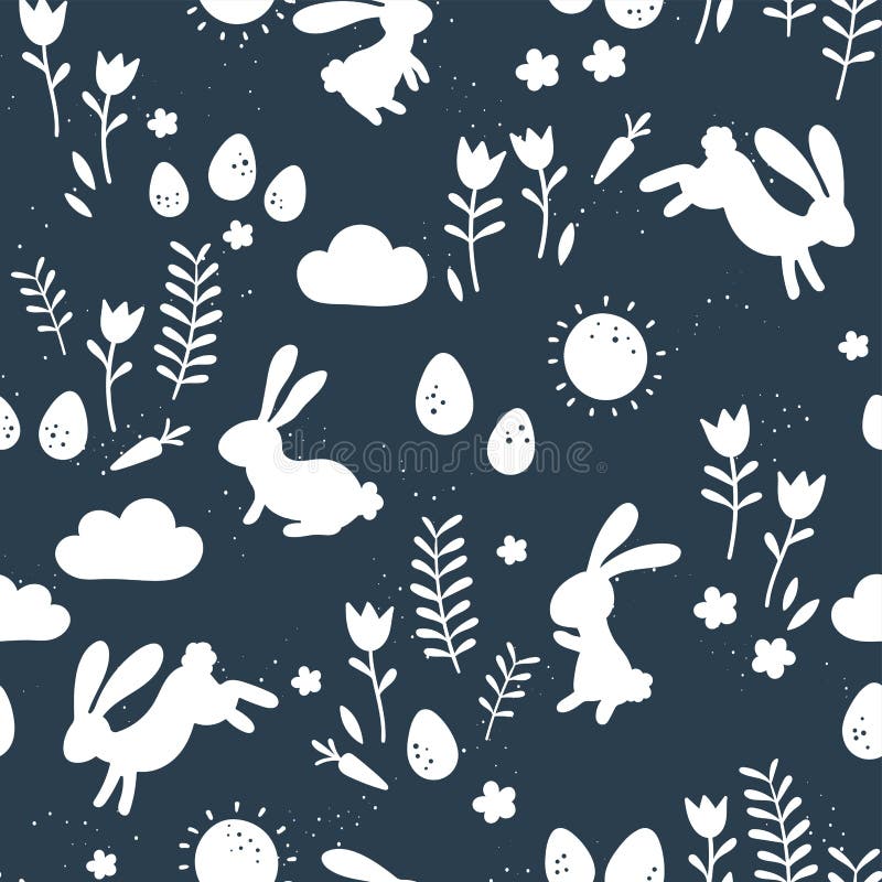 Lovely Hand Drawn Easter Seamless Pattern, Doodle Bunnies, Eggs and Flowers, Great for Banners ...