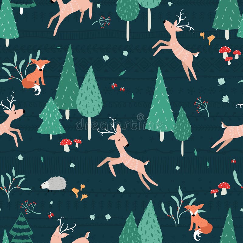 Lovely Hand Drawn Forest Seamless Pattern with Deer and Trees. Great ...