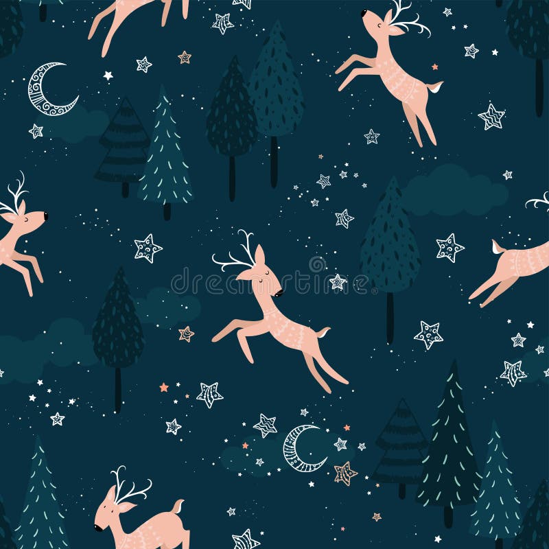 Lovely Hand Drawn Forest Seamless Pattern with Deer and Trees. Great ...