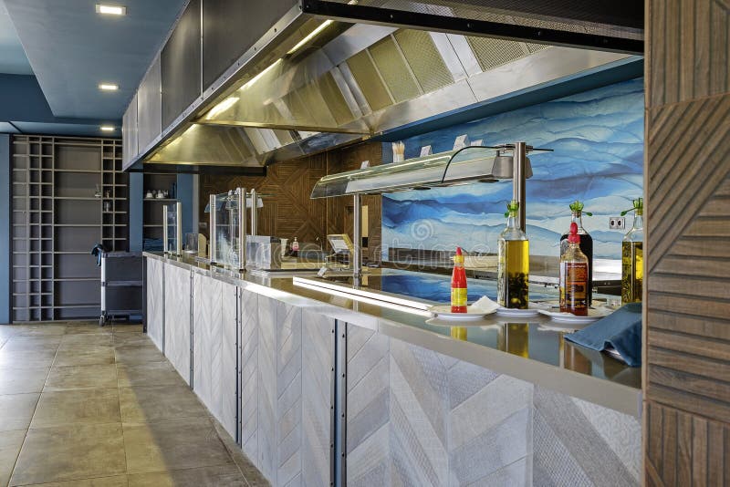 Interior of Restaurant with Blue Sea Theme 7 Stock Photo - Image of ...