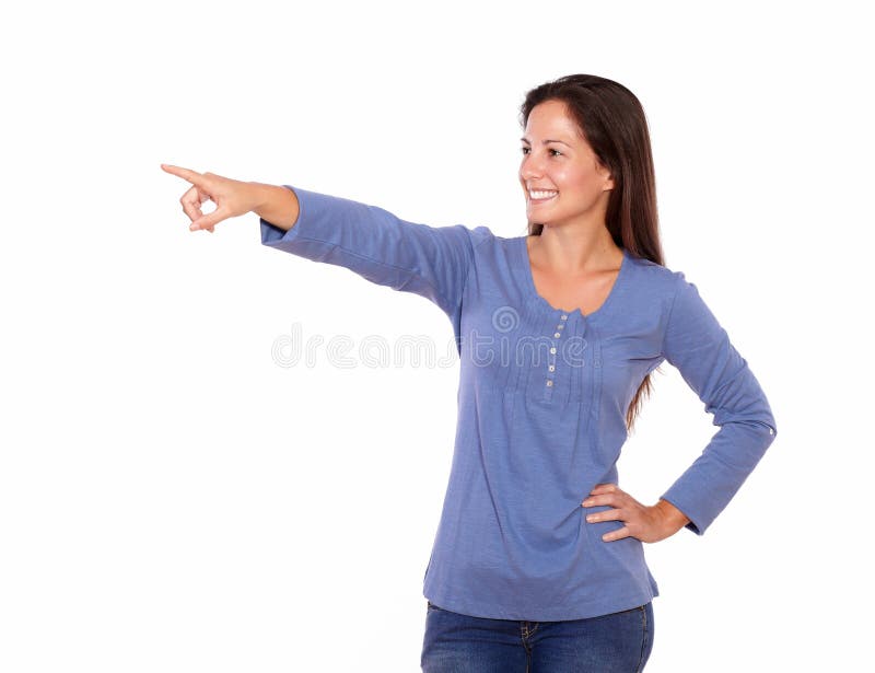 Lovely Lady Pointing To Her Right while Standing Stock Photo - Image of ...