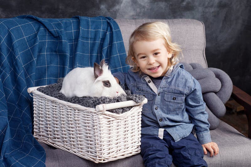 Lovely Little Boy Plays with a White Rabbit. the Boy Laughs, a Look in ...