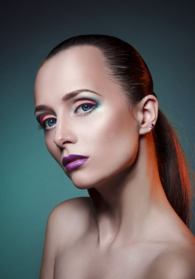 Lovely Makeup on Face Beautiful Girl Stock Image - Image of blue ...