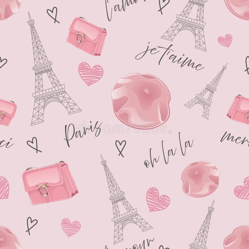 Lovely Pink Parisian Style Pattern with Words and Thematic Objects ...