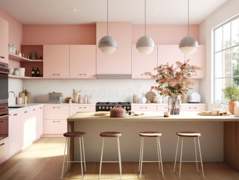 Lovely Pink Pastel Kitchen Room Interior. Generative AI Stock ...