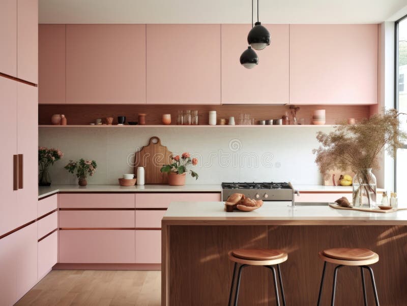 Lovely Pink Pastel Kitchen Room Interior. Generative AI Stock ...