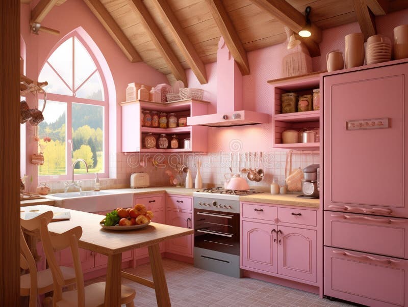 Lovely Pink Pastel Kitchen Room Interior. Generative AI Stock ...