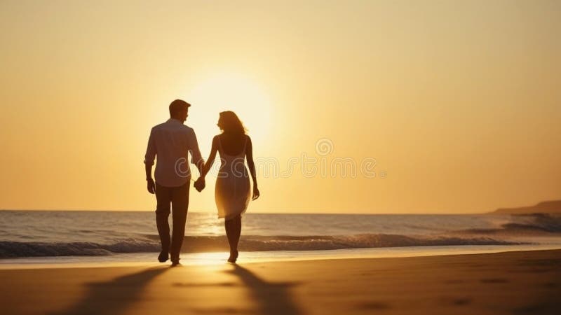 Lovely Romantic Couple Walking On Sunset Beach Enjoying Evening Light