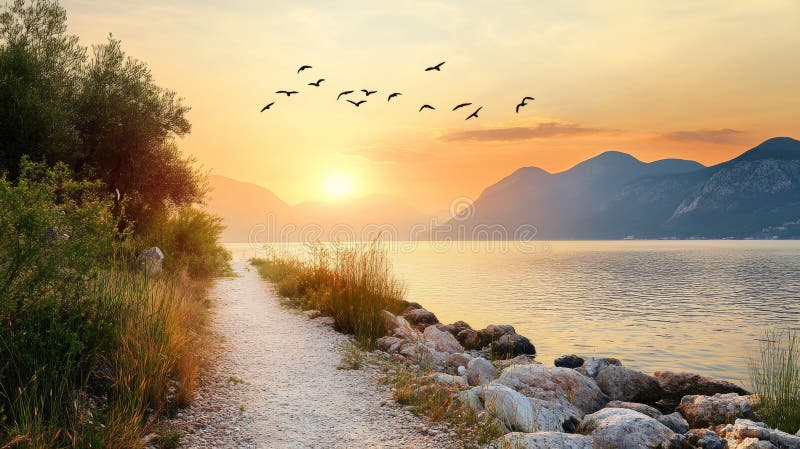 A Lovely Scene with a Path that Stretches Out Towards a Calm Lake ...