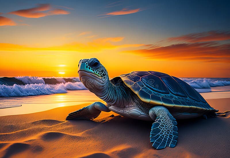 Lovely Sea Turtle on the Sand at Dusk. Stock Illustration ...