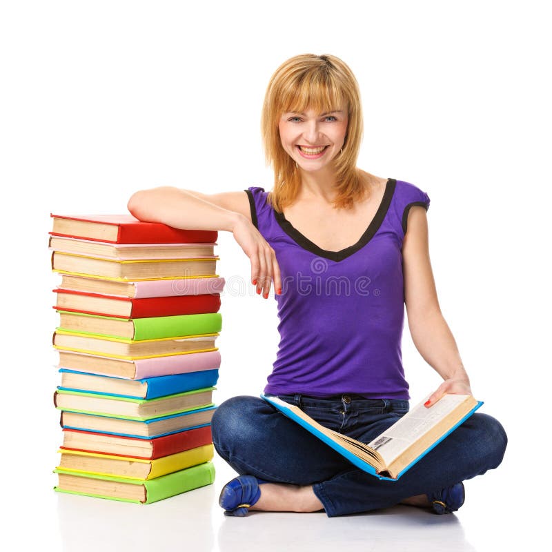 Lovely Student with a Stack of Books Stock Image - Image of holding ...