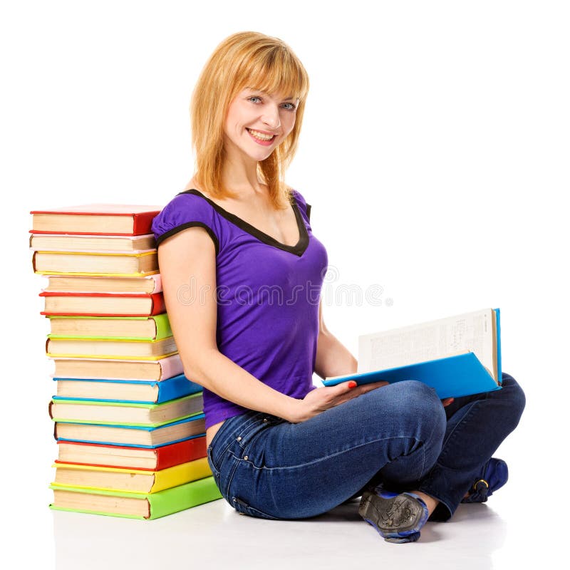 Lovely Student with a Stack of Books, Isolated Stock Photo - Image of ...