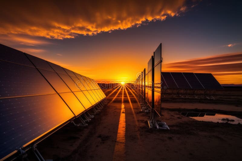 A Lovely Sunset Can Be Seen Over a Solar Farm in the Backdrop Stock ...