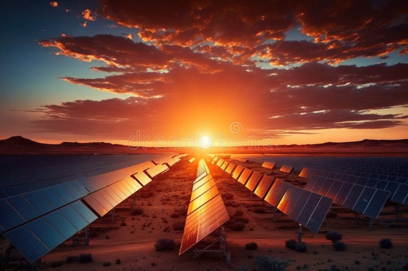 A Lovely Sunset Can Be Seen Over a Solar Farm in the Backdrop Stock ...