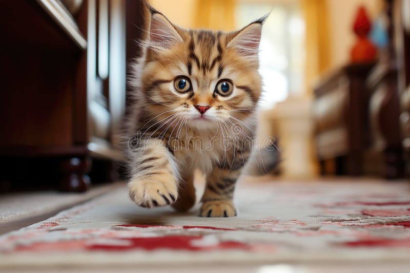 Lovely Tabby Kitty with Fluffy Fur on the Floor Stock Illustration ...