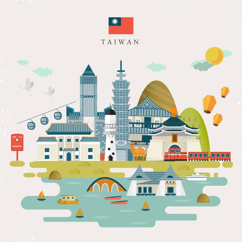 Lovely Taiwan travel map stock vector. Illustration of attractions ...