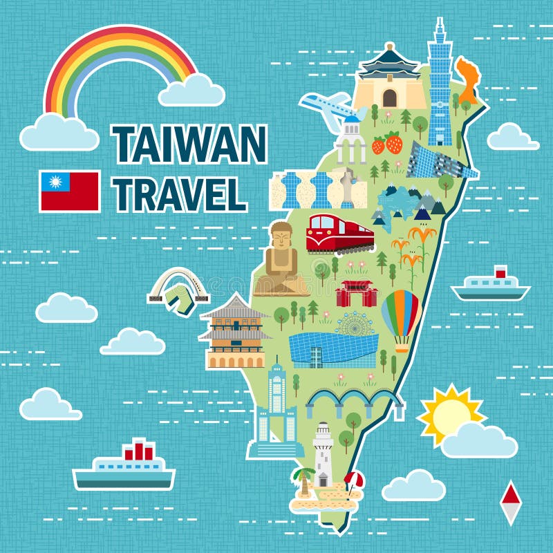 Lovely Taiwan travel map stock vector. Illustration of architecture ...