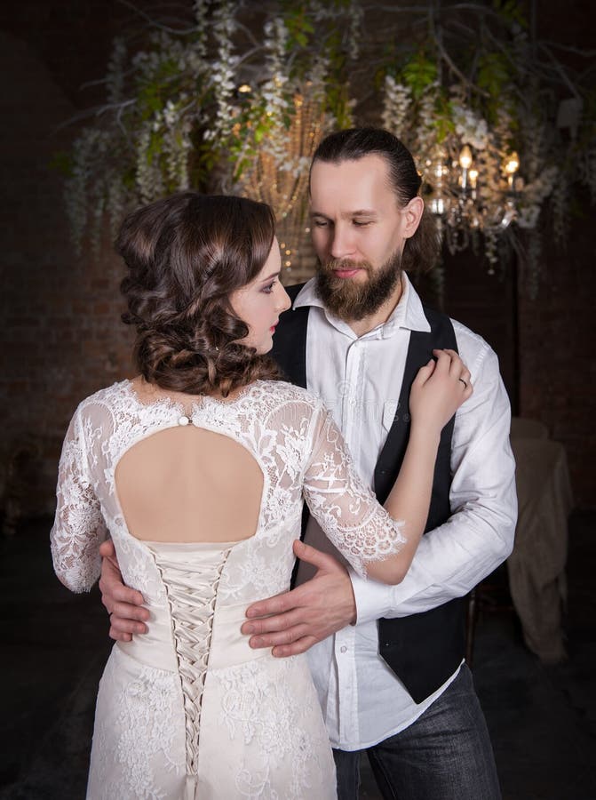 Lovely Wedding Couple in Retro Style Stock Image - Image of embracing ...