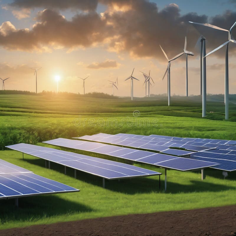 Lovely Wind Energy Pool with Solar Plates in the Lush Green Fields ...