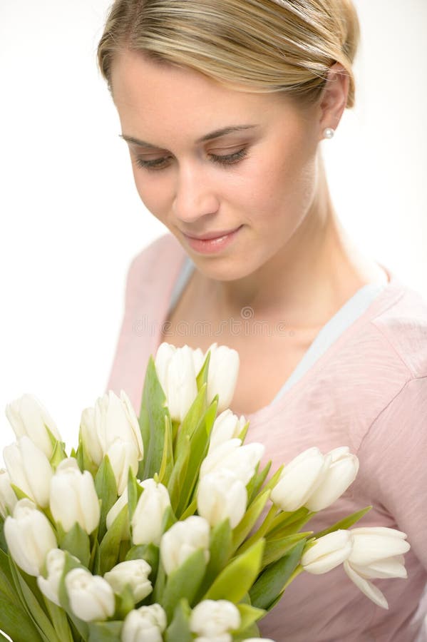 Lovely Woman Looking Down White Tulip Flowers Stock Photo - Image of ...