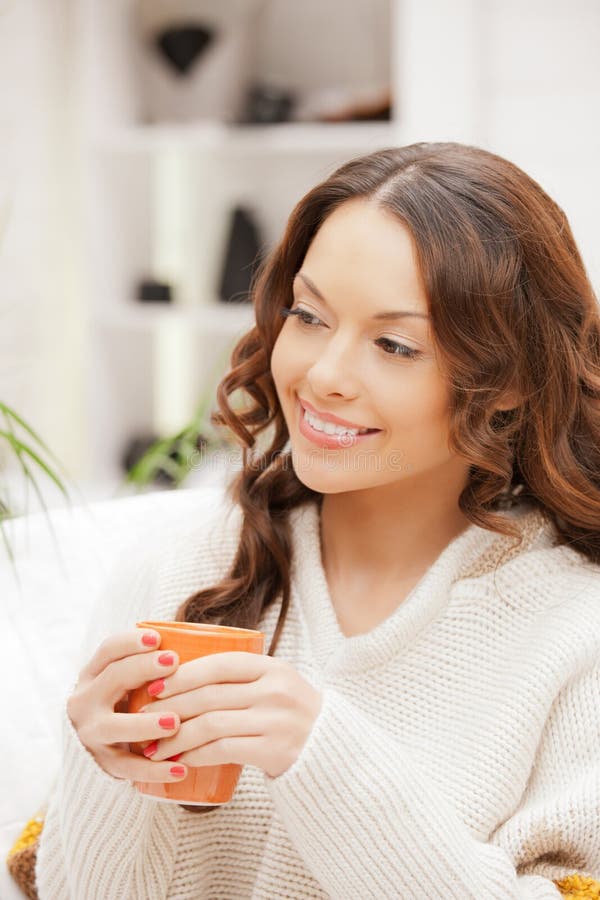 Lovely woman with mug stock photo. Image of drink, happy - 39865872